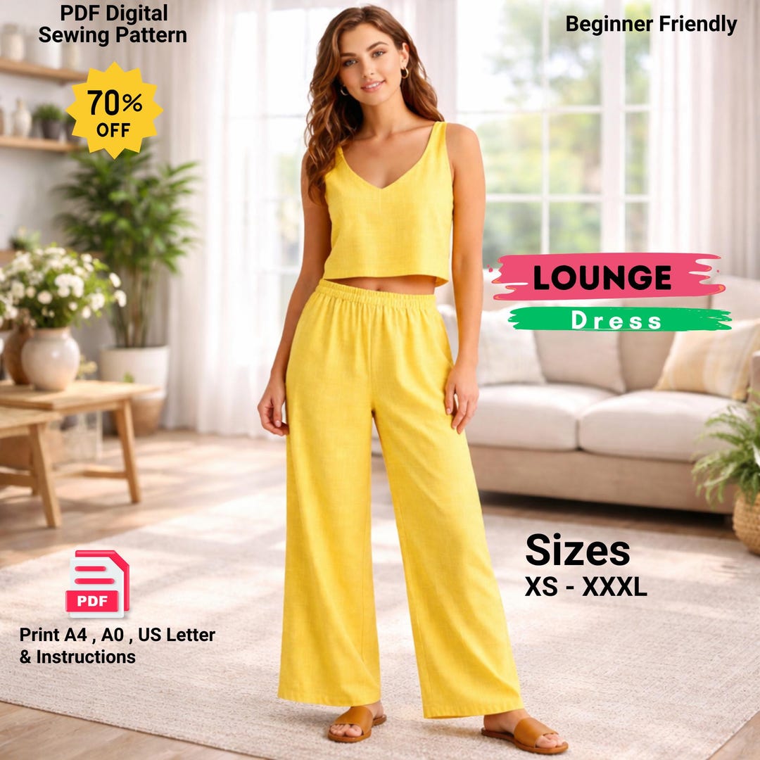 Linen Lounge Set Sewing Pattern, Top and Pants Pattern Bundle, Wide Leg ...