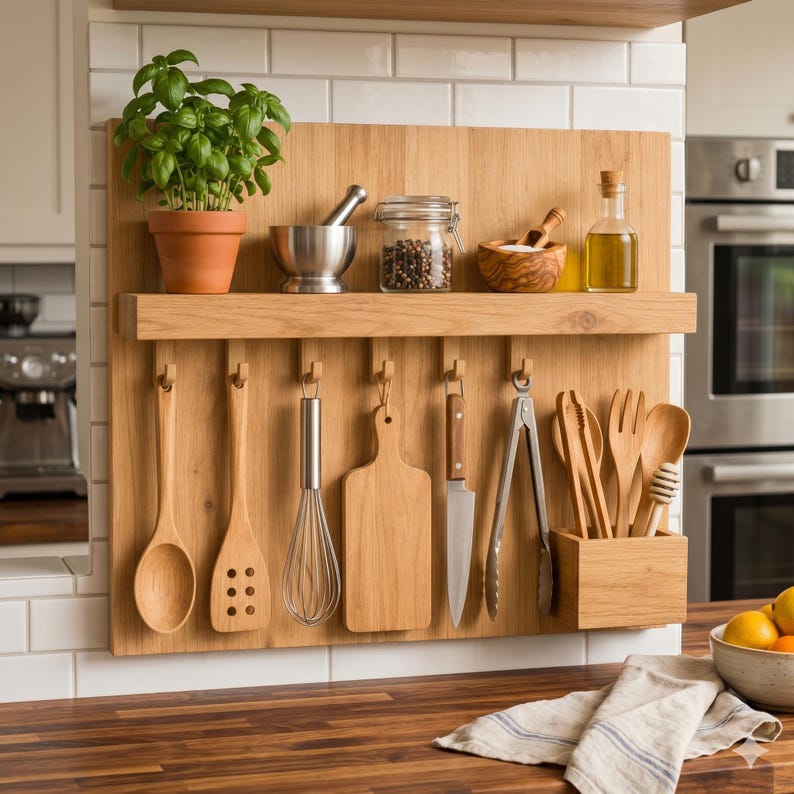 DIY Wall-mounted Kitchen Rack Plan | Pegboard Shelf Utensil Holder ...