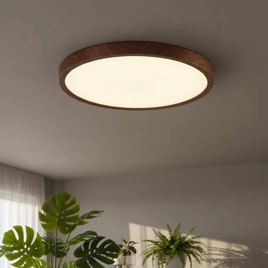 Modern LED Ceiling Light, Ultra Thin Round Wood Grain Walnut Fixture ...