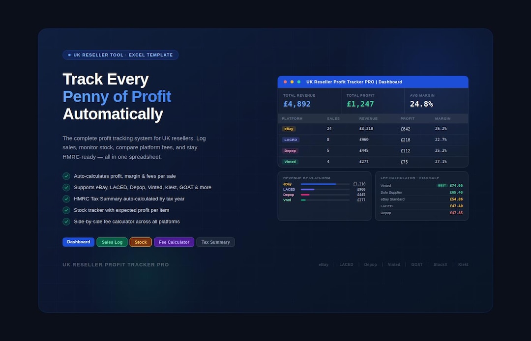 UK Reseller Profit Tracker | Excel Spreadsheet for Ebay, Depop, Vinted ...