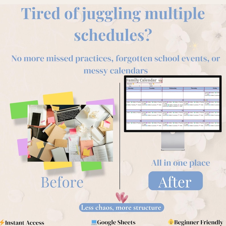 Family Calendar Google Sheets Template | School, Activities Planner ...