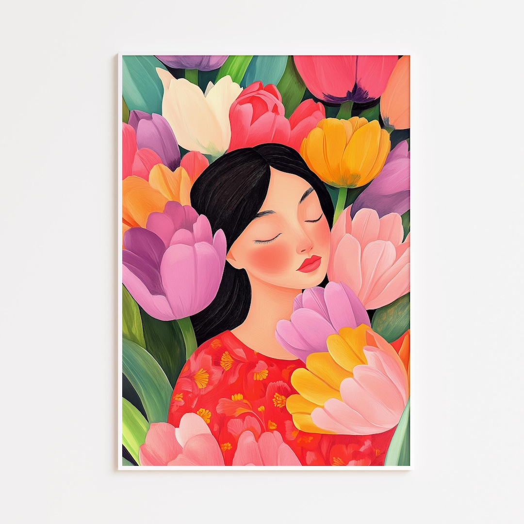 Stylized Woman Portrait With Tulips, Modern Floral Botanical Art ...