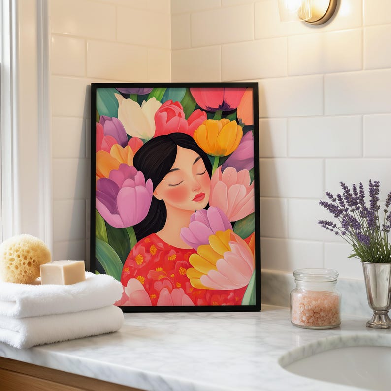 Stylized Woman Portrait With Tulips, Modern Floral Botanical Art ...