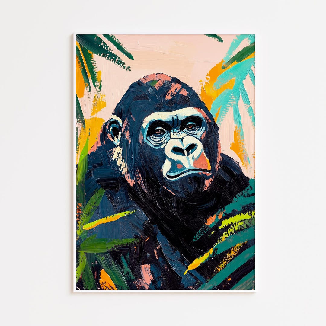 Colorful Gorilla Portrait With Tropical Leaves, Modern Art (digital ...