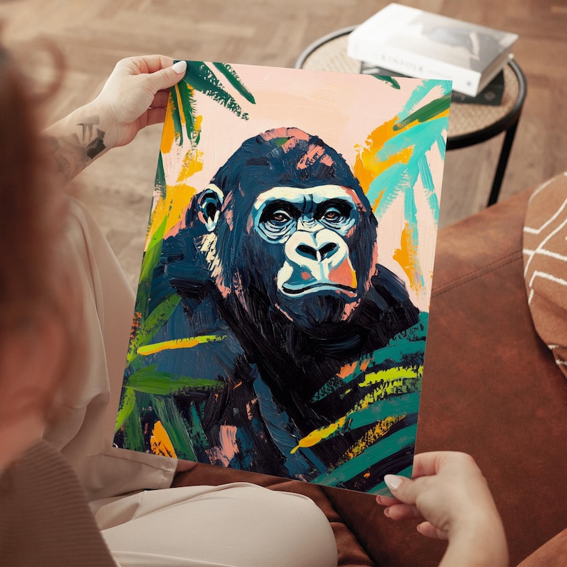 Colorful Gorilla Portrait With Tropical Leaves, Modern Art (digital ...