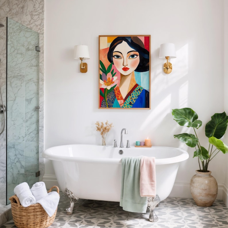 Stylized Woman Portrait Art Deco Female Art With Pink Flower (digital ...