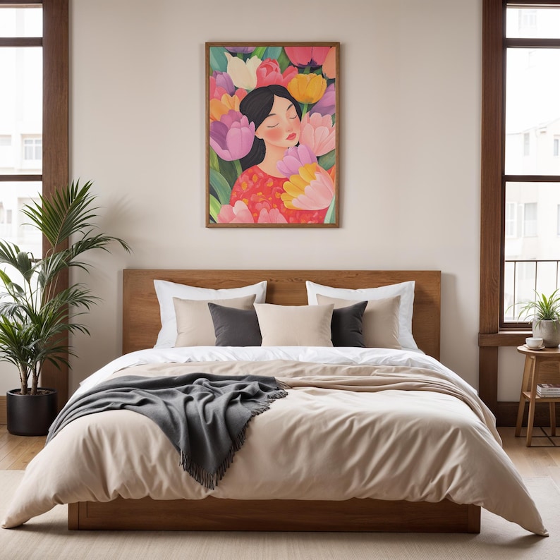 Stylized Woman Portrait With Tulips, Modern Floral Botanical Art ...