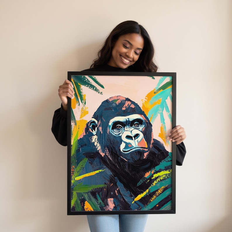 Colorful Gorilla Portrait With Tropical Leaves, Modern Art (digital ...