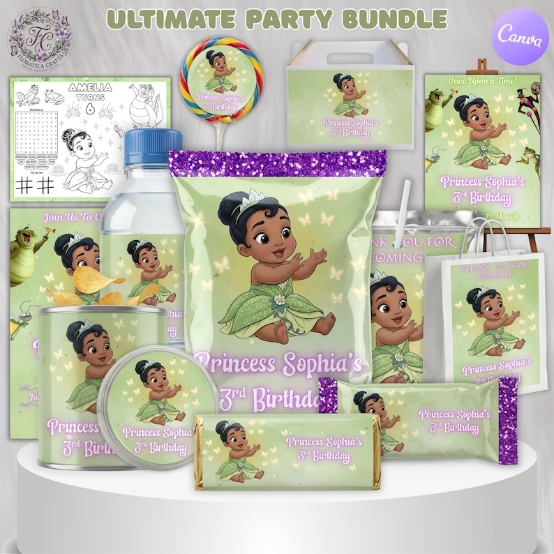 Baby Tiana Editable Party Bundle | Birthday Invitation, Banner, Favors ...