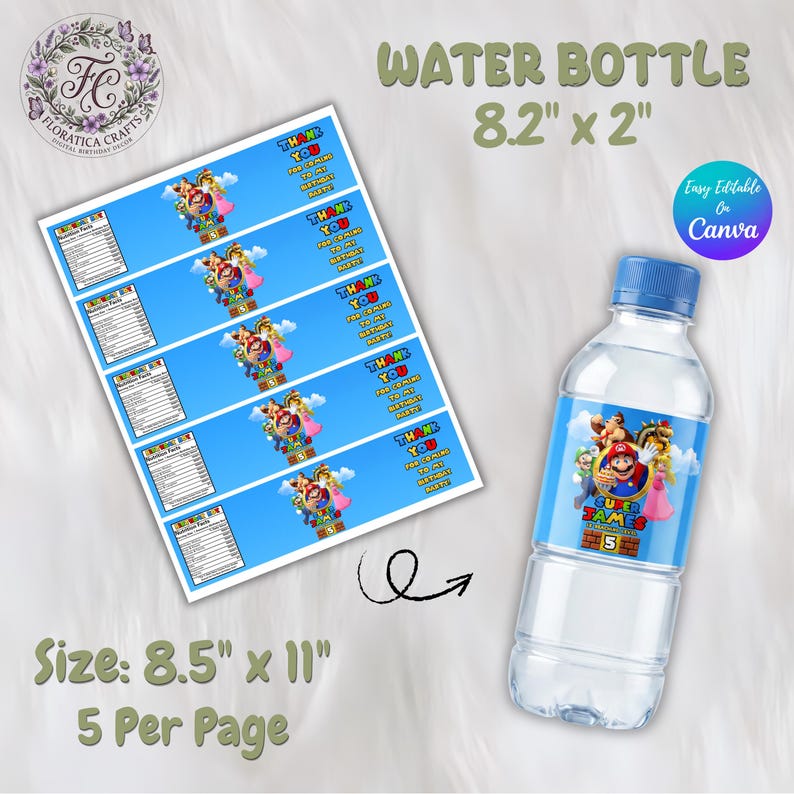 Super Mario Bros Water Bottle Labels, Editable Birthday Party Favor ...