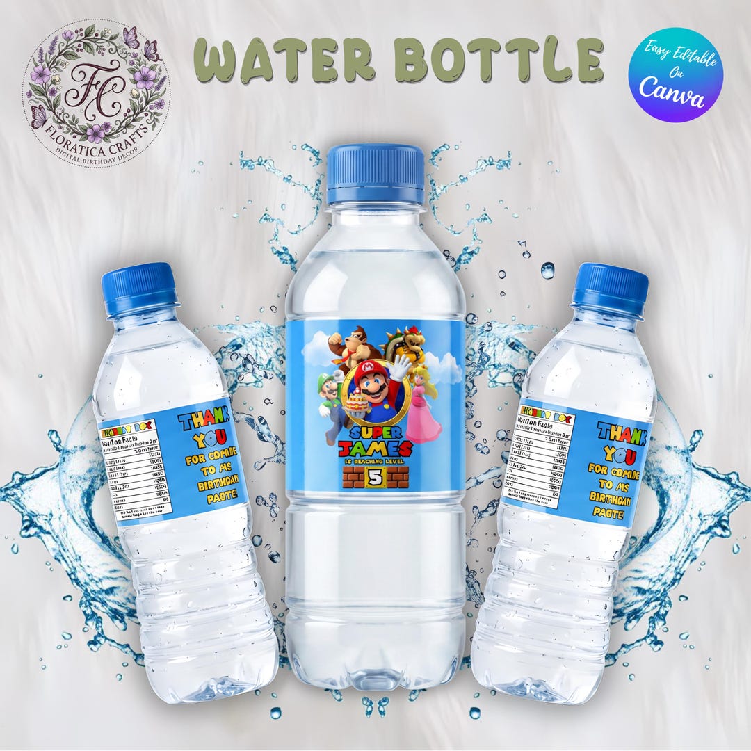 Super Mario Bros Water Bottle Labels, Editable Birthday Party Favor ...