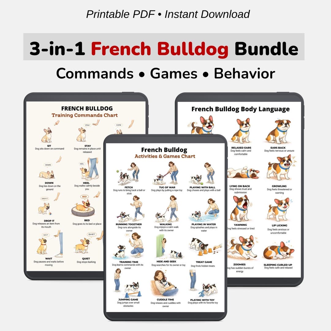 French Bulldog Bundle Printable, Dog Commands Chart, Dog Activities ...