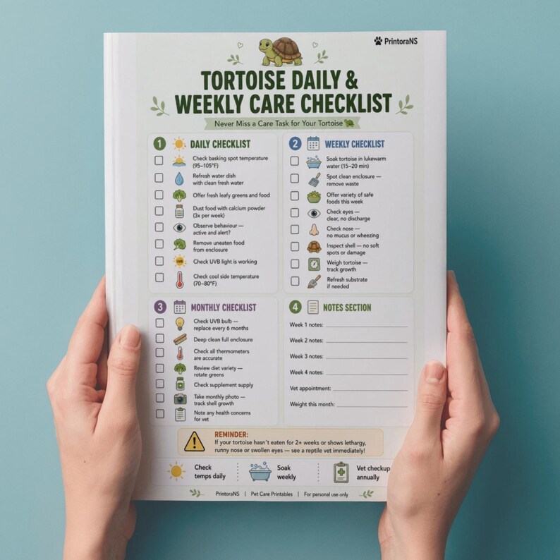 Tortoise Daily Weekly Care Checklist Printable PDF, Tortoise Care ...