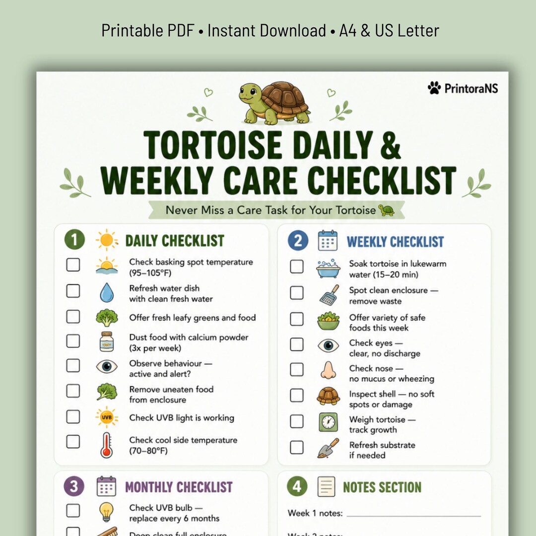 Tortoise Daily Weekly Care Checklist Printable PDF, Tortoise Care ...