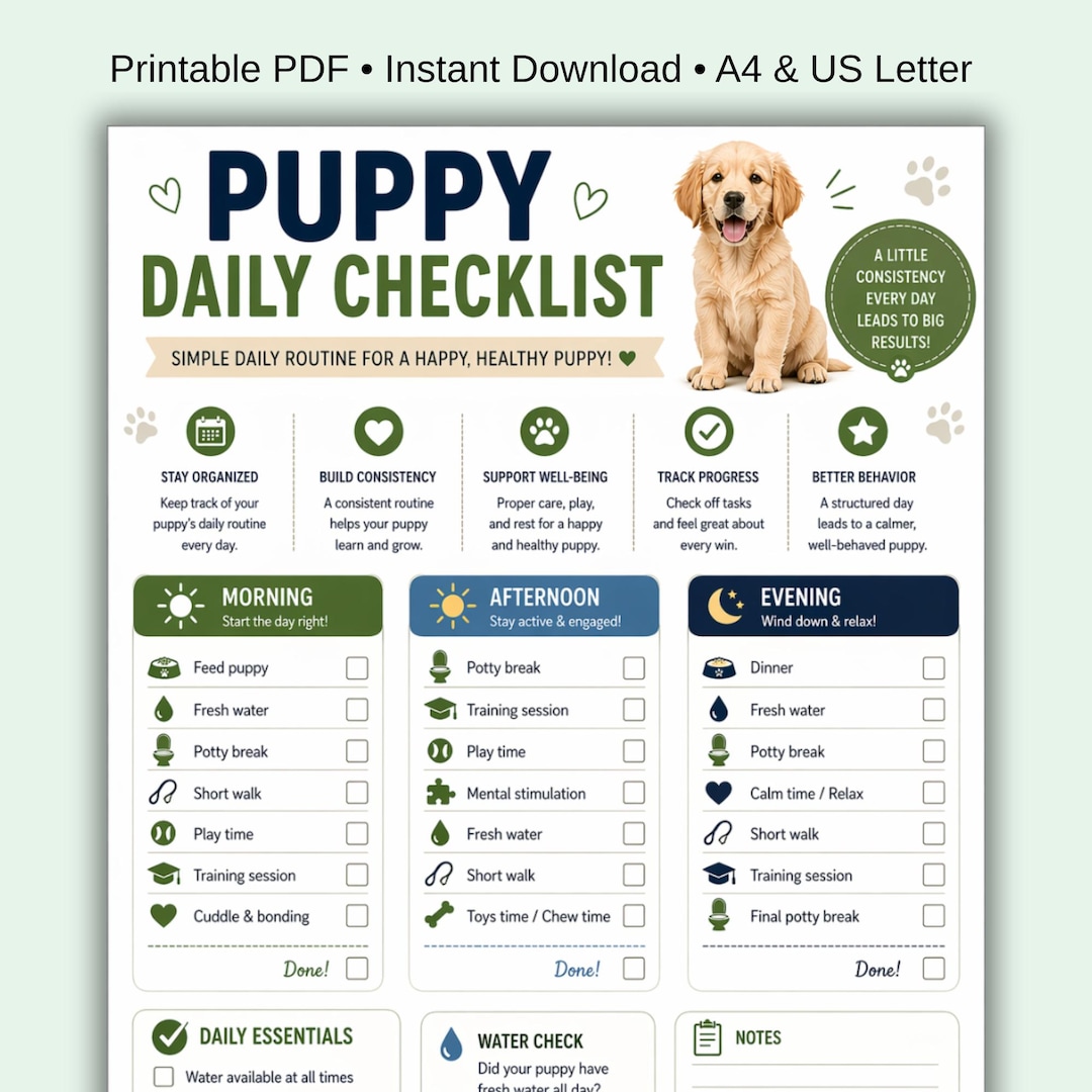 Puppy Daily Checklist Printable PDF, Dog Daily Routine Chart, Puppy ...