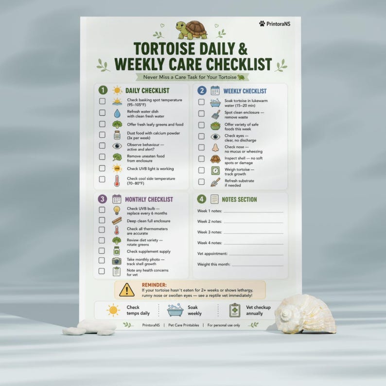 Tortoise Daily Weekly Care Checklist Printable PDF, Tortoise Care ...