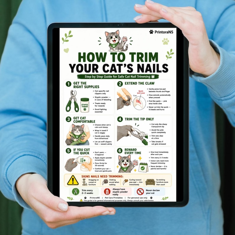 How to Trim Cat's Nails Printable PDF, Cat Nail Trimming Guide, Step by ...