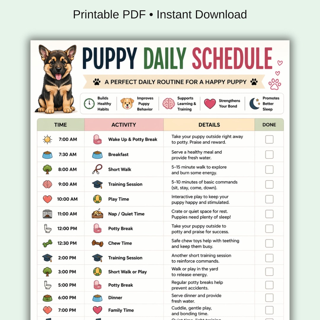 Puppy Daily Schedule Printable PDF, Dog Training Routine, Puppy Potty ...