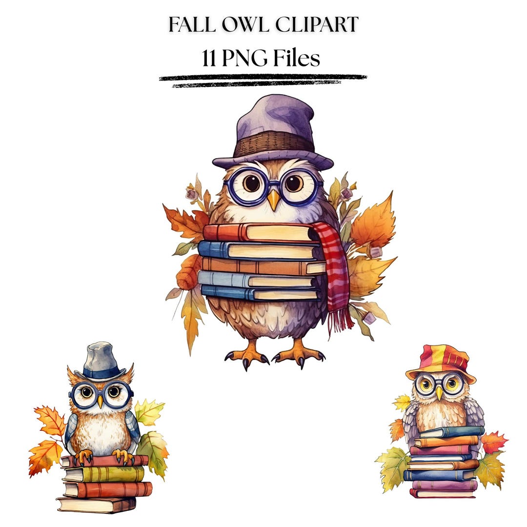 Fall Owl Clipart Bundle | Watercolor Autumn Owls, Books (digital ...
