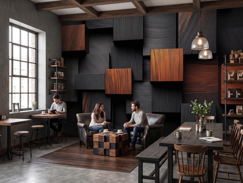 3D Wood Panel Wallpaper Mural, Geometric Dark Wood Wall Art, Modern ...