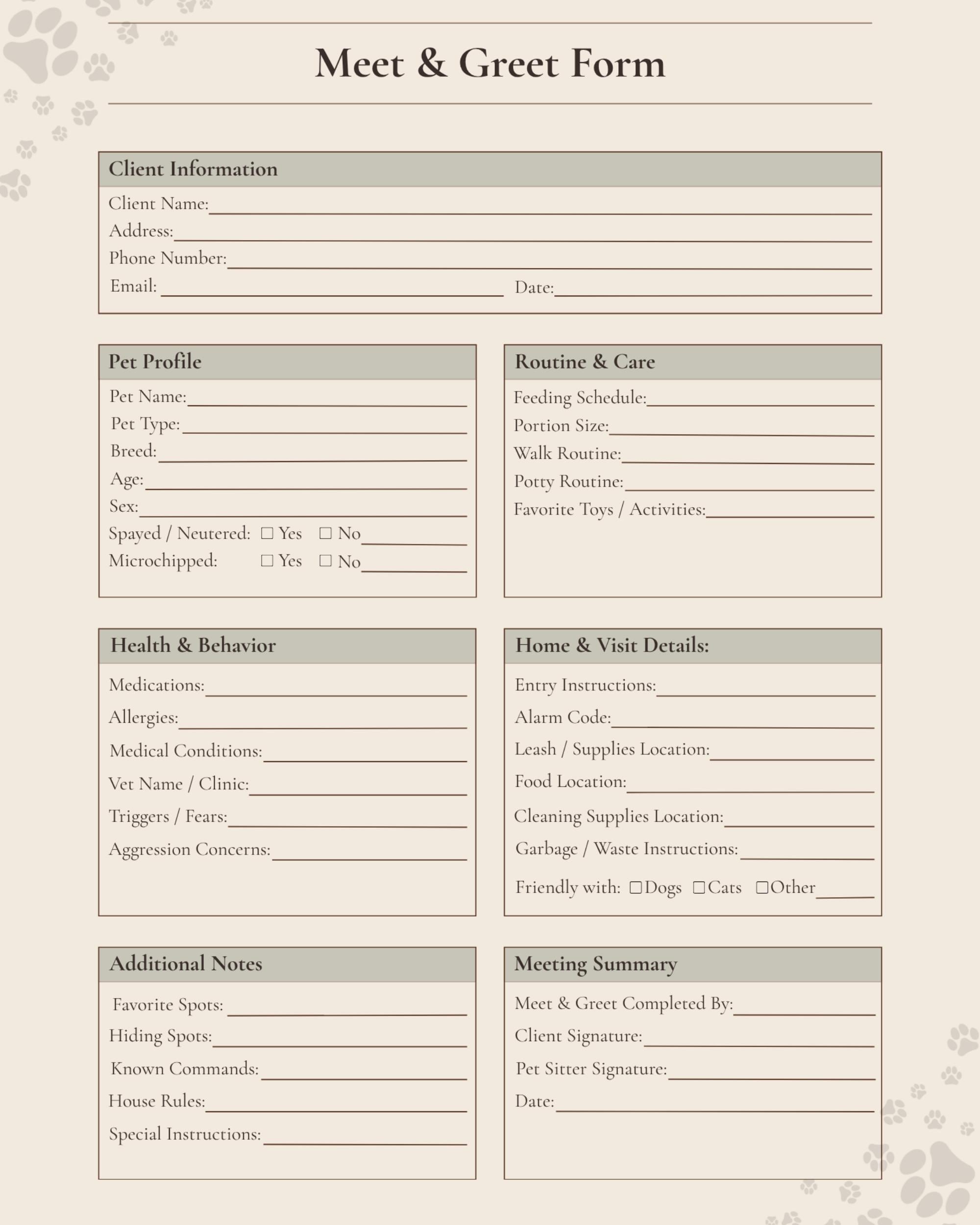 Meet and Greet Form Template, Editable in Canva, Pet Sitter Form, Dog ...