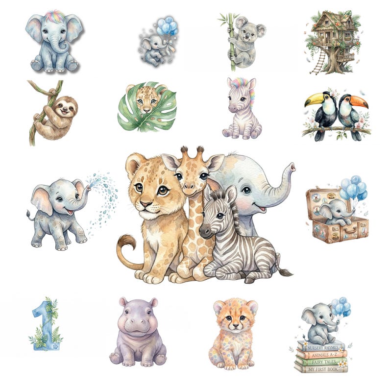 Watercolor Safari Baby Animal Clipart PNG Bundle, Jungle Nursery ...