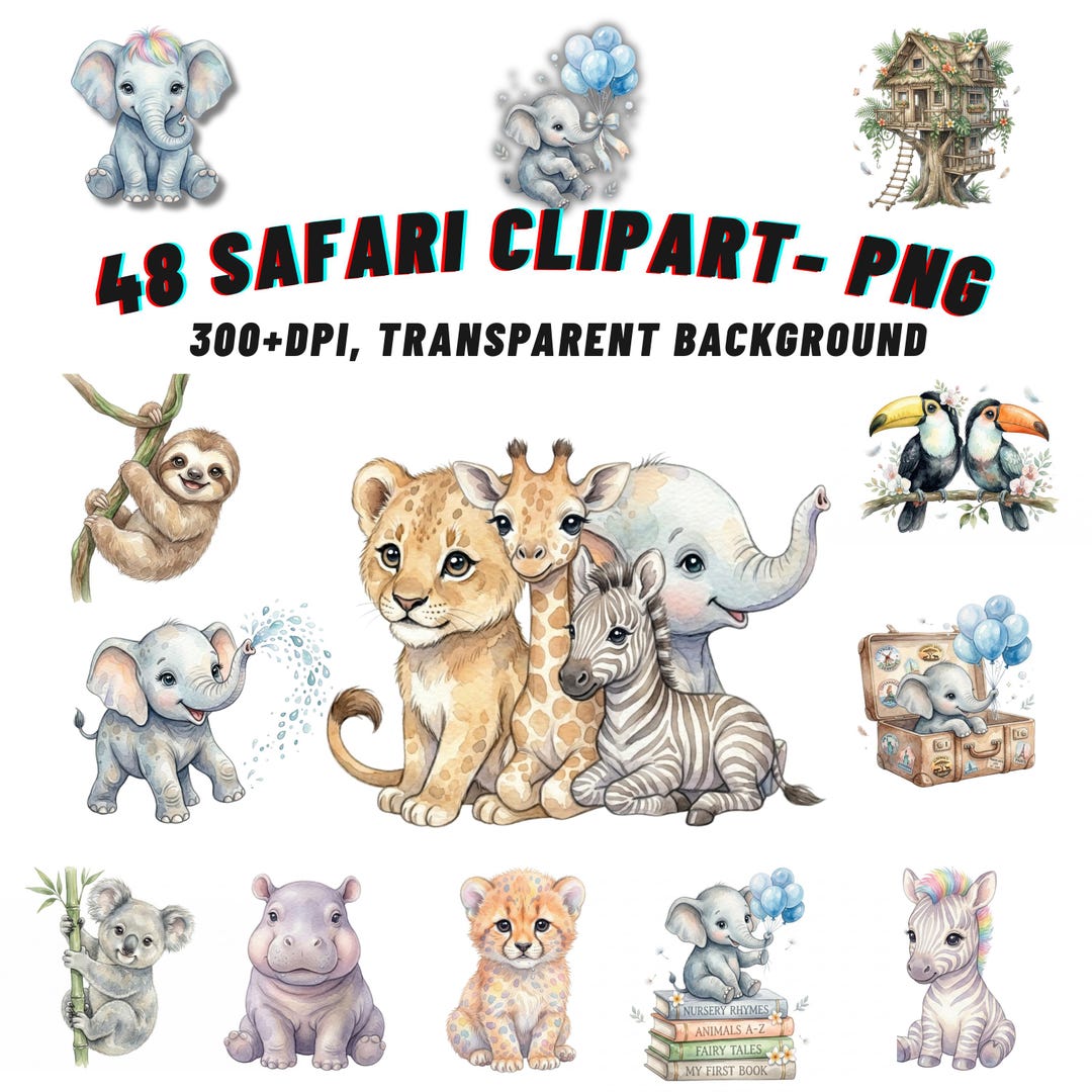 Watercolor Safari Baby Animal Clipart PNG Bundle, Jungle Nursery ...