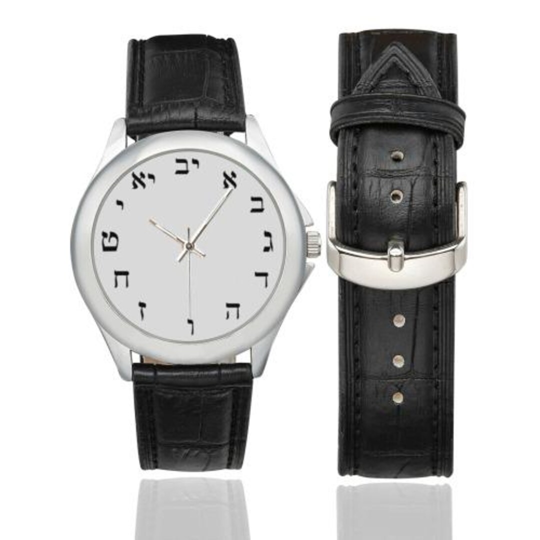 Stainless Steel Hebrew Letters Dial Watch With Elegant Leather Strap ...
