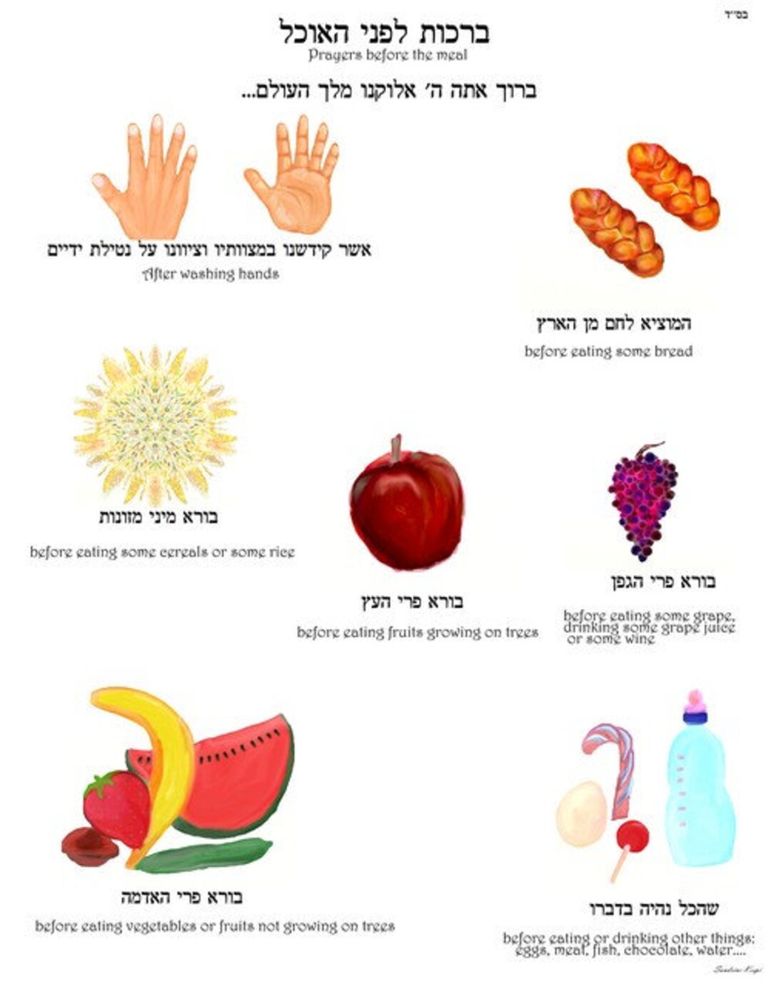 Hebrew Prayers Before the Meal-illustration for Kids-18x14"-ready to ...