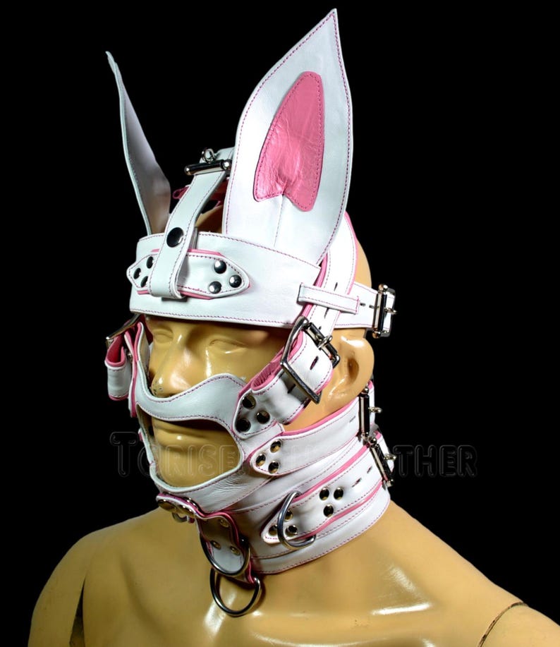 Leather Bunny Hood White Purple Handmade Adjustable Mask Hardware ...
