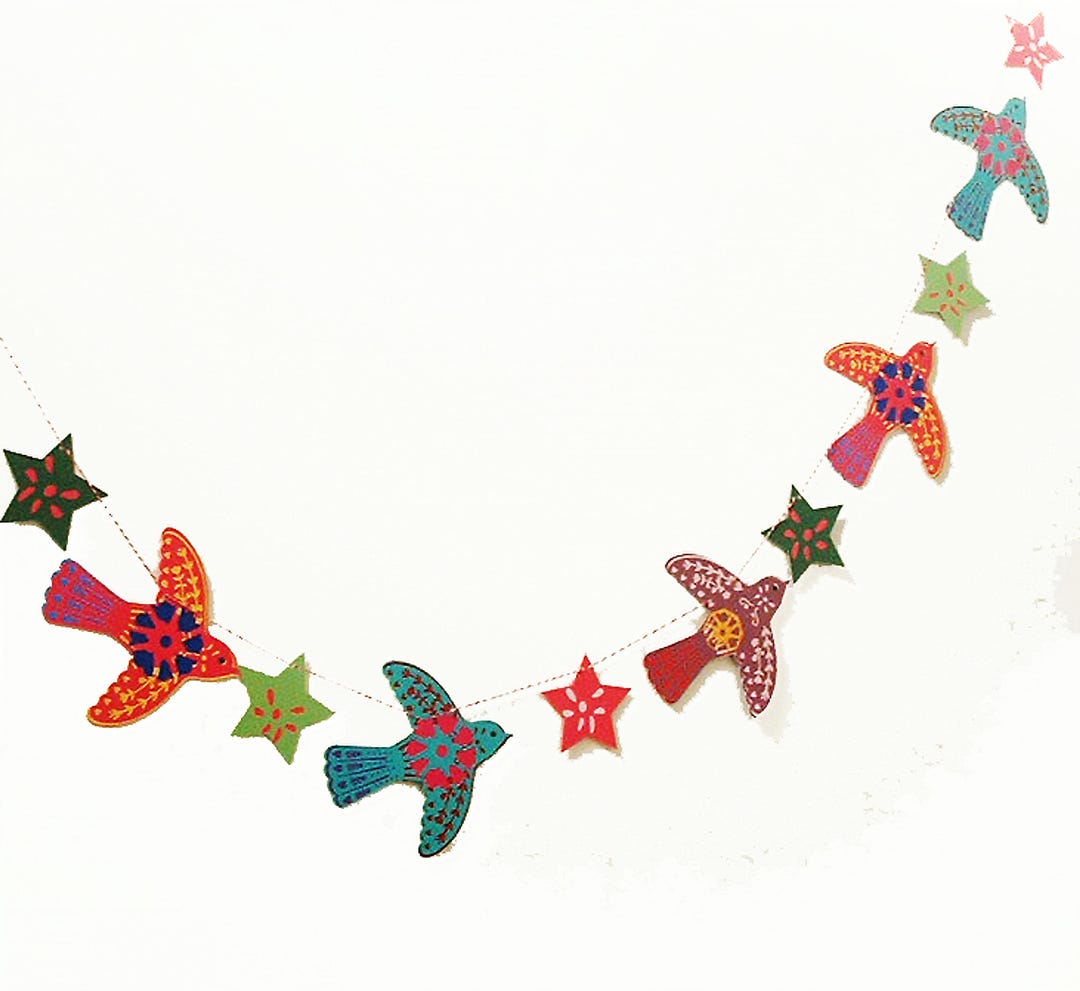 Handmade Stencilled Paper Bird Garland - Bright Colours Nordic Folk Art ...