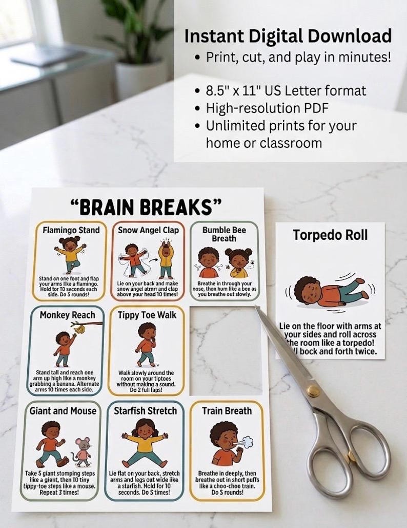 Printable Brain Breaks for Kids, Calm Down Corner Activities ...