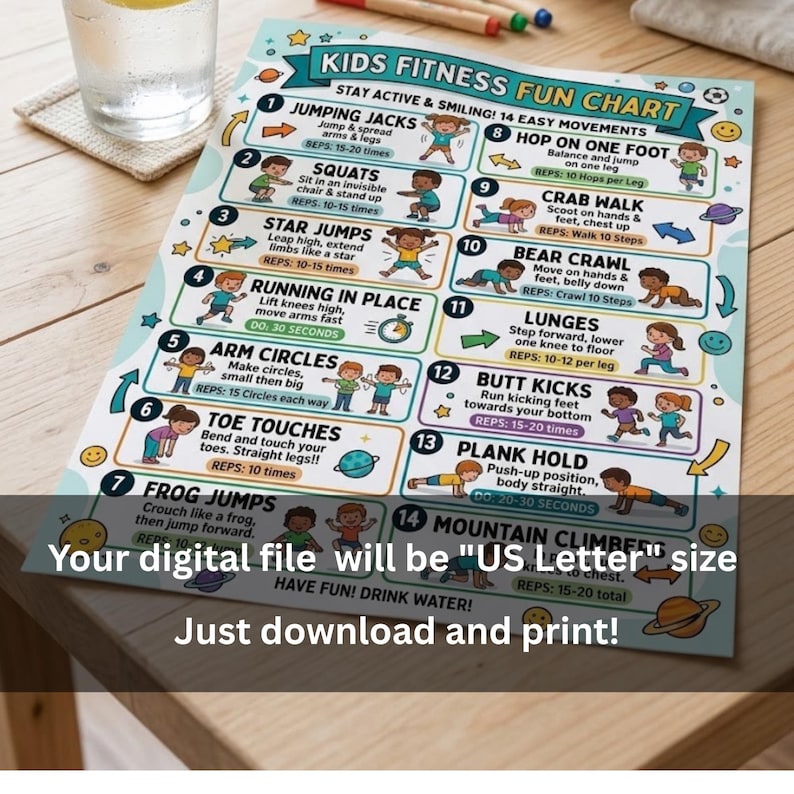 Kids Exercise Chart | Fun Workout Poster | Children's Physical ...
