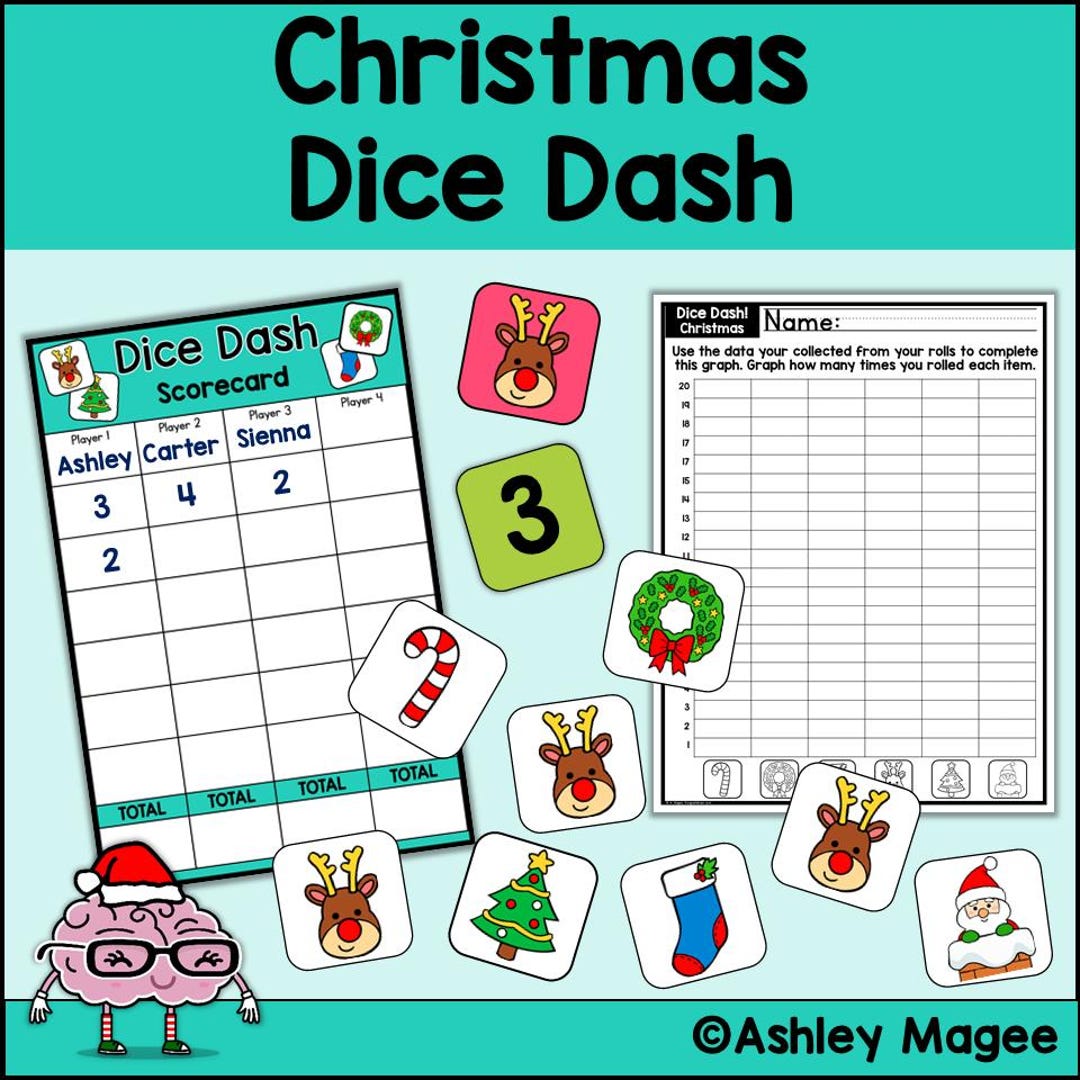 Christmas Dice Dash Printable Game Activity With Graphing Math Center ...