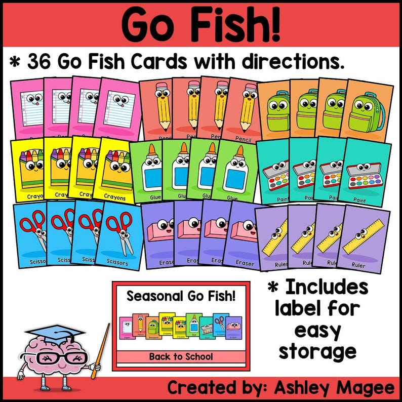 Back to School Go Fish Printable PDF Card Game Seasonal Fun Activity ...