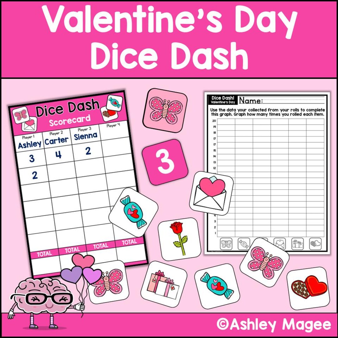 Valentine's Day Dice Dash Printable Game Activity With Graphing Math ...