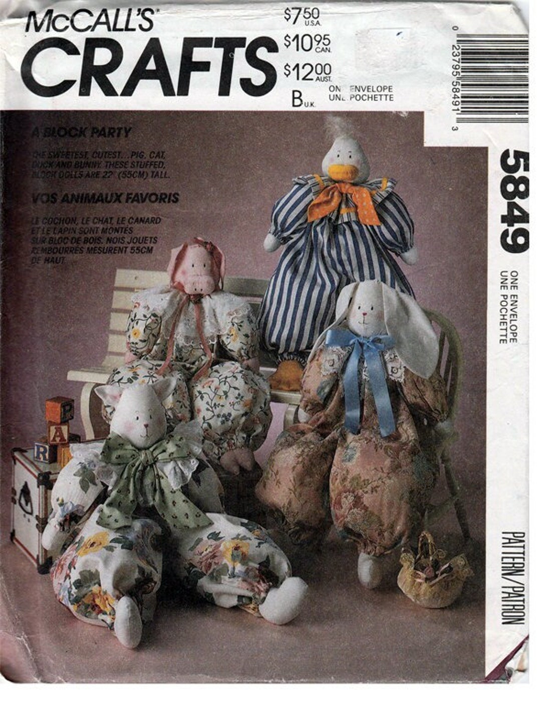 Block Animal Dolls / Original Mccall's Crafts Uncut Sewing Pattern 5849 ...