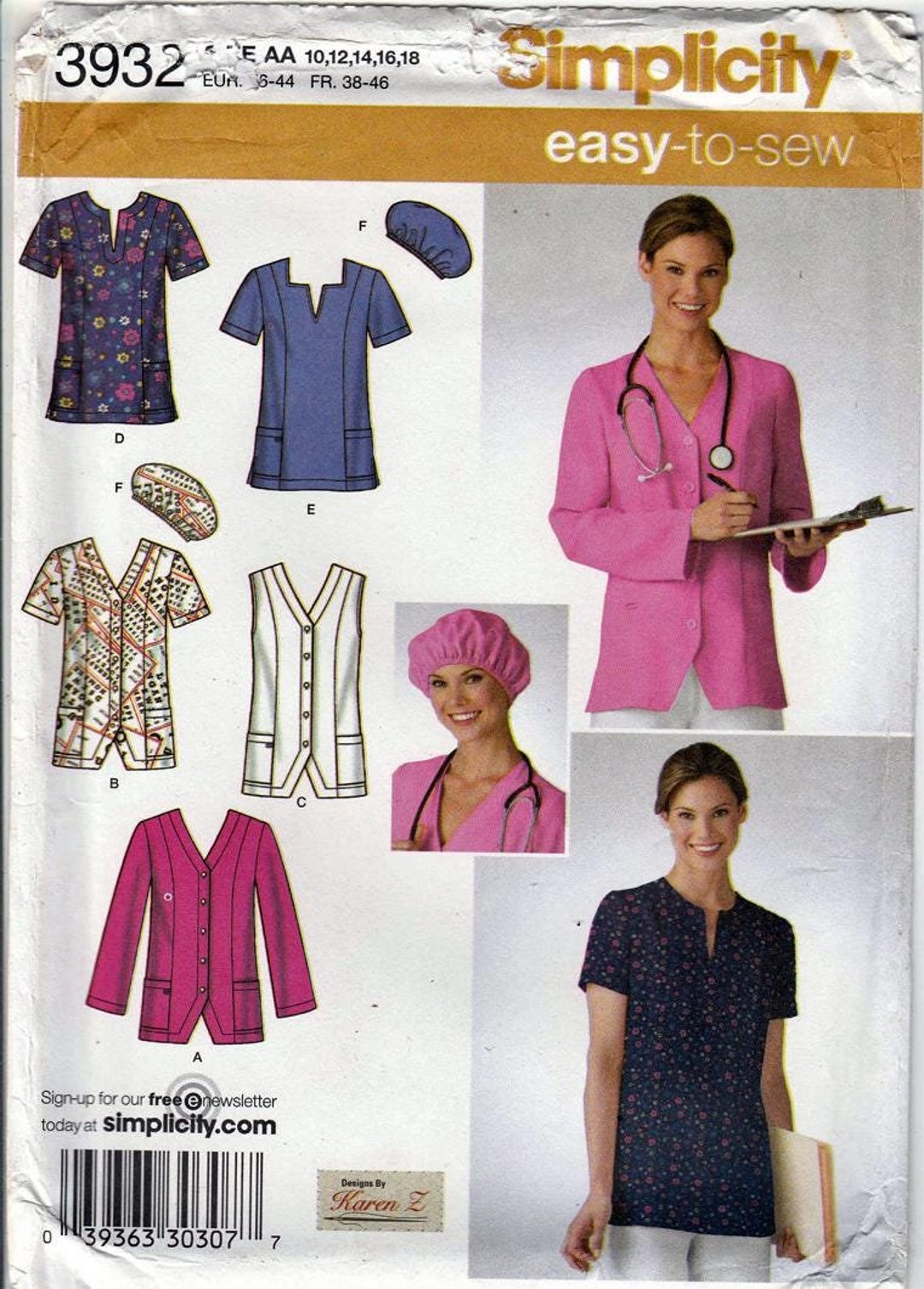 Scrub Tops and Scrub Cap Misses Size 10-18 / Original Simplicity Easy ...