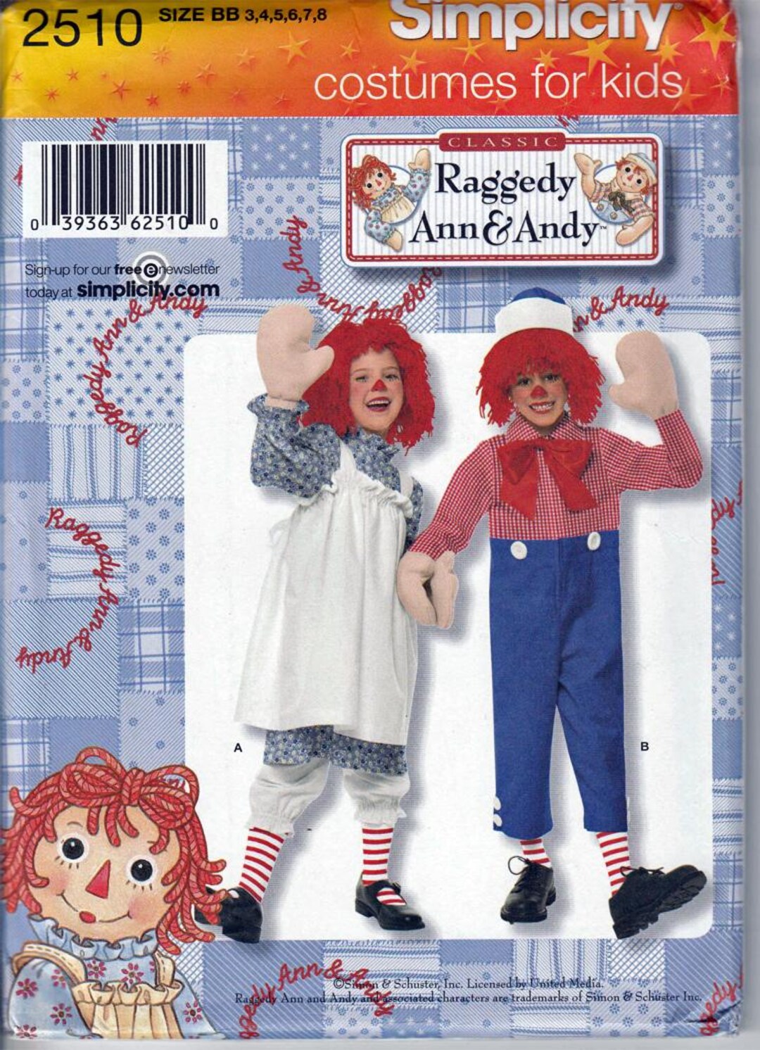 Toddlers and Childs Raggedy Ann and Andy Costumes and Hat Size 3-8 ...