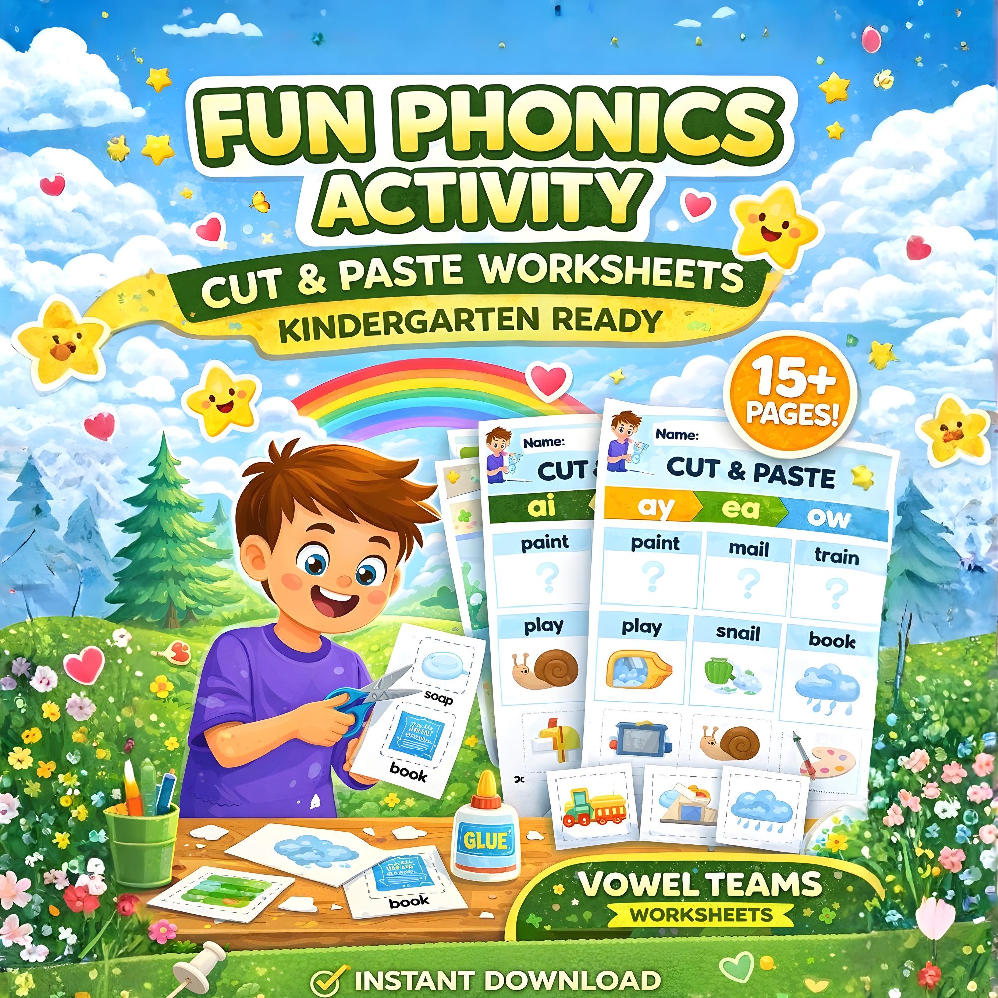 Kindergarten Vowel Teams Worksheets | Phonics Cut and Paste Activity ...