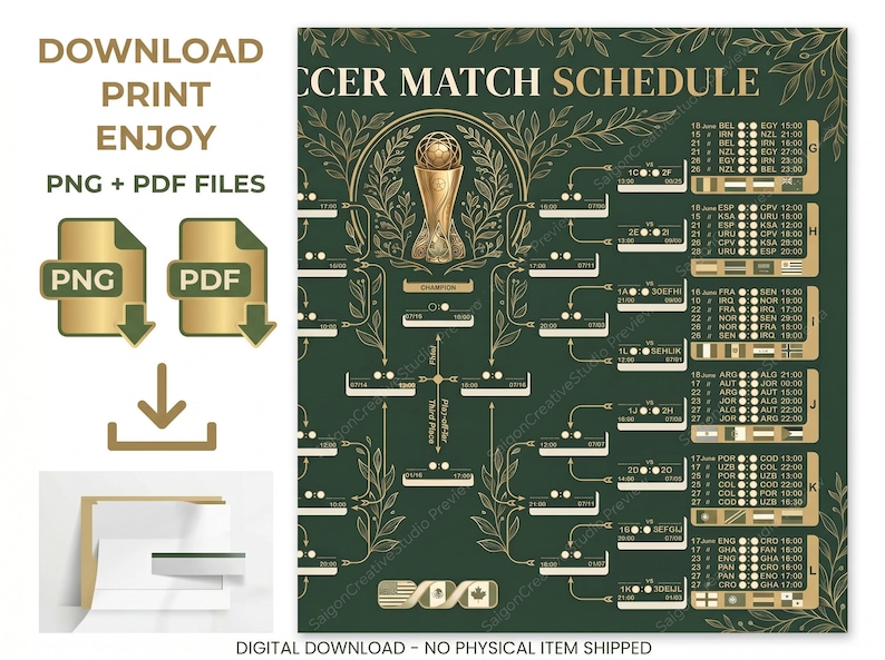 Poster voetbalschema 2026, groen-gouden muurkunst wedstrijdbeugel ...