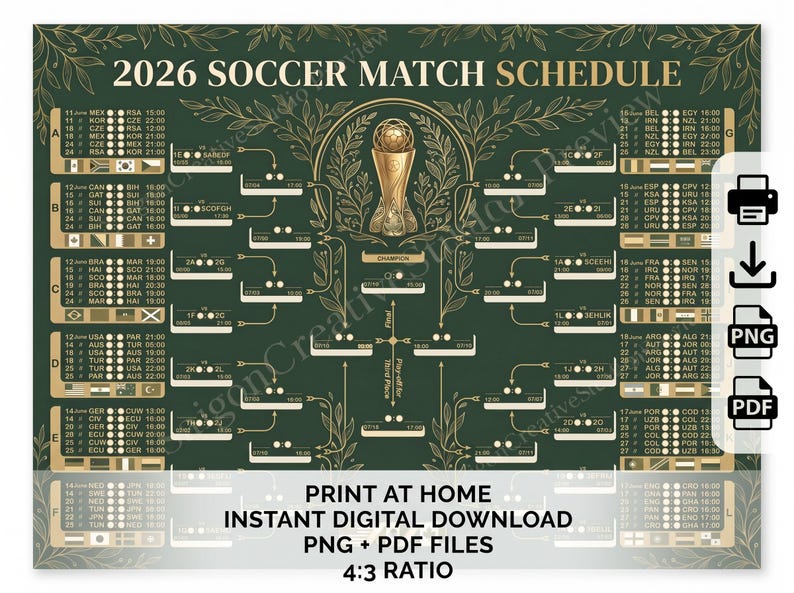 Poster voetbalschema 2026, groen-gouden muurkunst wedstrijdbeugel ...