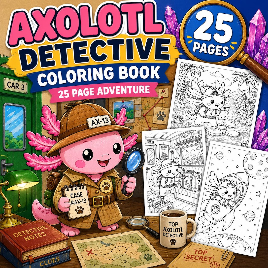 Axolotl Detective Coloring Book | Kids Mystery Adventure Pages - Etsy