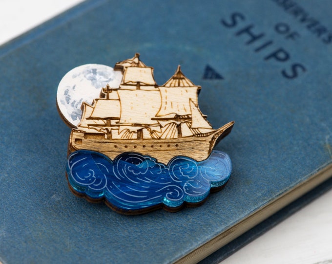 Moonlit Pirate Ship Brooch - Etsy