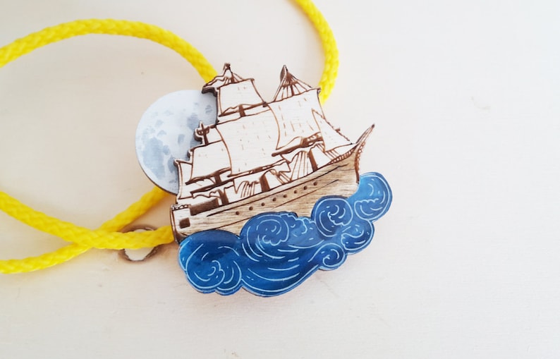 Moonlit Pirate Ship Brooch - Etsy