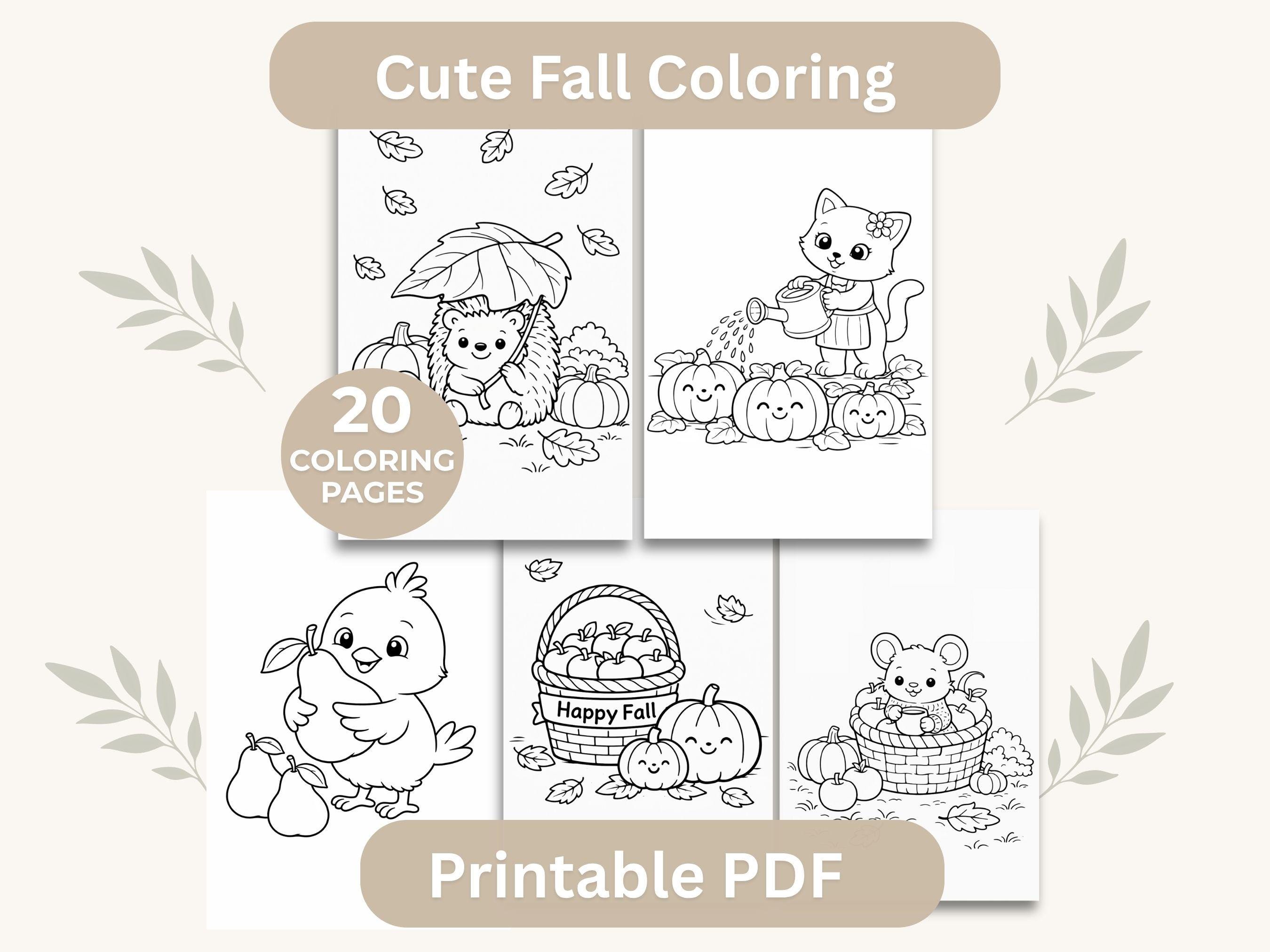 Cute Fall Coloring Pages for Kids, Cute Autumn Animals Printable, Cozy ...