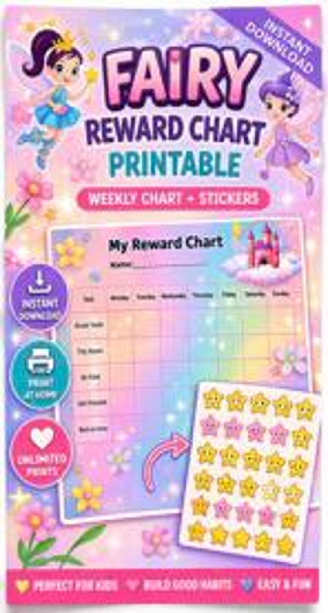 Fairy Reward Chart Printable: Weekly Behavior Chart + Stickers (instant ...