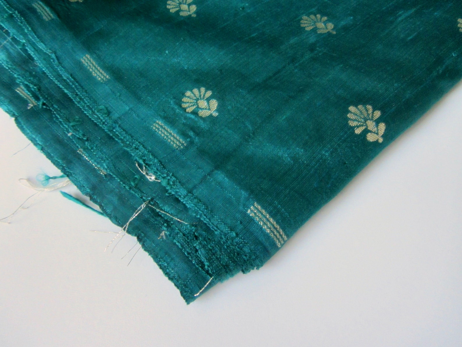 Green Sea Blue Gold Flower Raw Silk Brocade Indian Fabric Nr 1-112- 1/4 ...