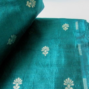 Green Sea Blue Gold Flower Raw Silk Brocade Indian Fabric Nr 1-112- 1/4 ...