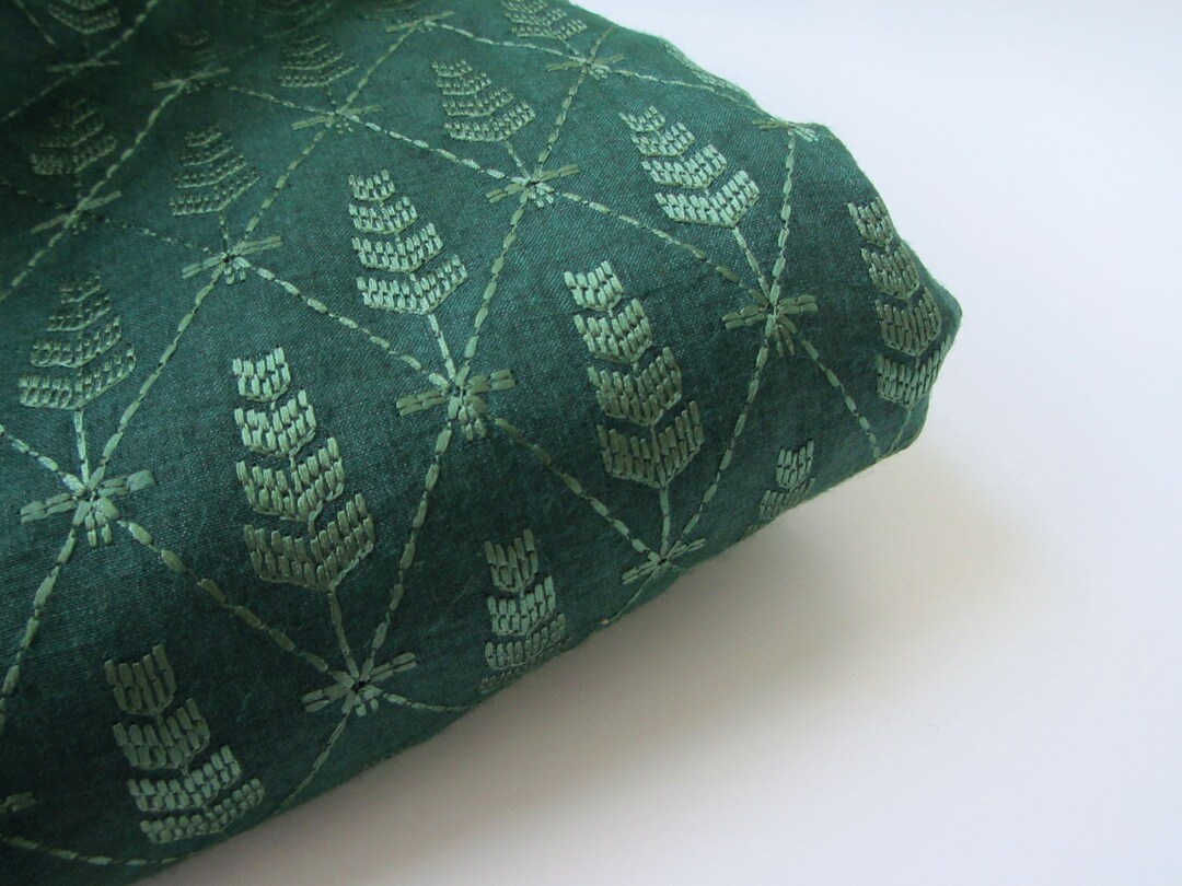 Embroidered Tussar Silk Fabric: Forrest Green Trees, Kaftan Material (1 ...